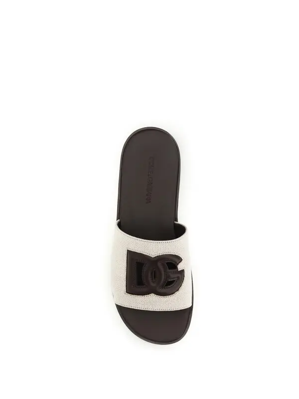 Dolce & Gabbana Logo Canvas Slide Sandals - Beige