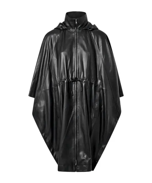 YVES SALOMON Hooded Waterproof Leather Cape - Black
