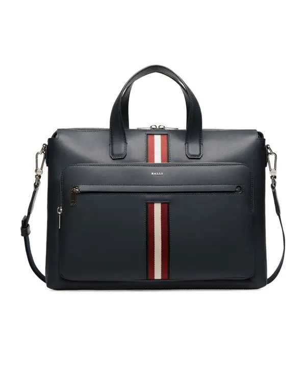 Bally Leather Briefcase With Signature Stripe Detail - Blue