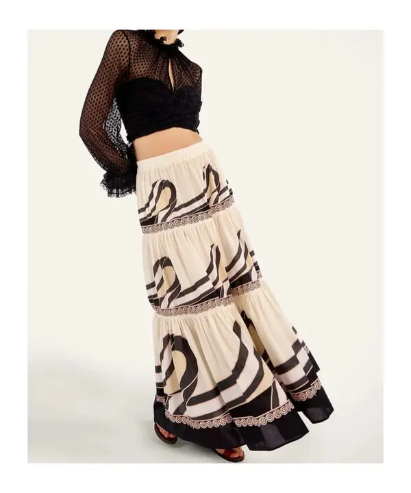 La DoubleJ Tiered Print Maxi Skirt - Nude
