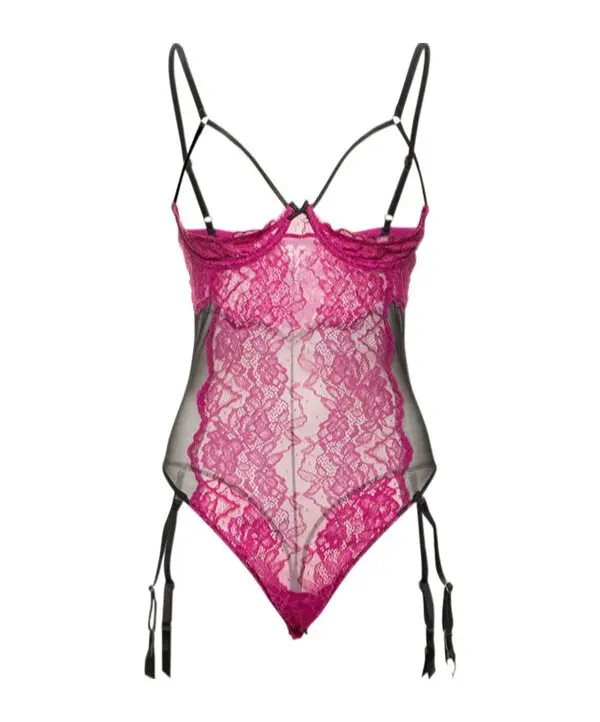 FLEUR DU MAL Lace Garter Bodysuit - Pink