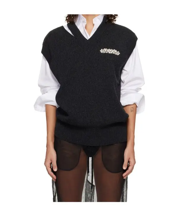 Simone Rocha V-neck Wool Blend Vest With Crystal And Pearl Embellishment