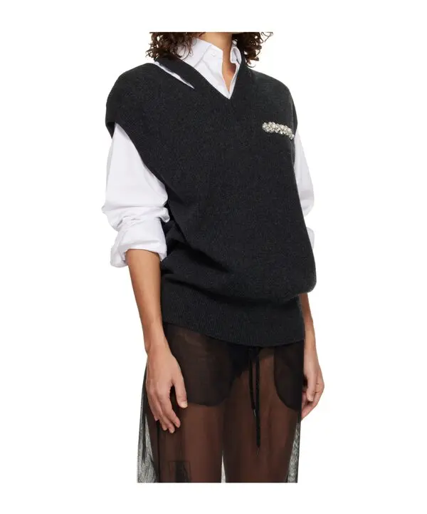 Simone Rocha V-neck Wool Blend Vest With Crystal And Pearl Embellishment
