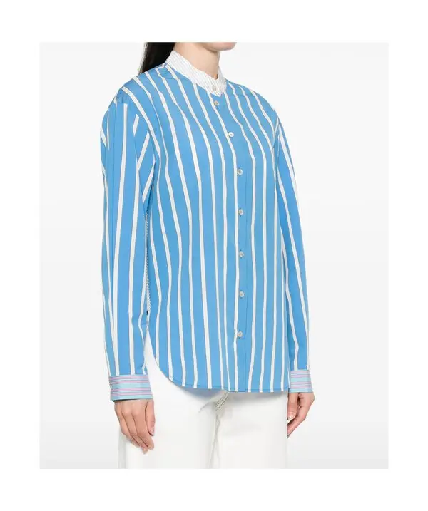FORTE_FORTE Striped Stand-up Collar Shirt - Blue
