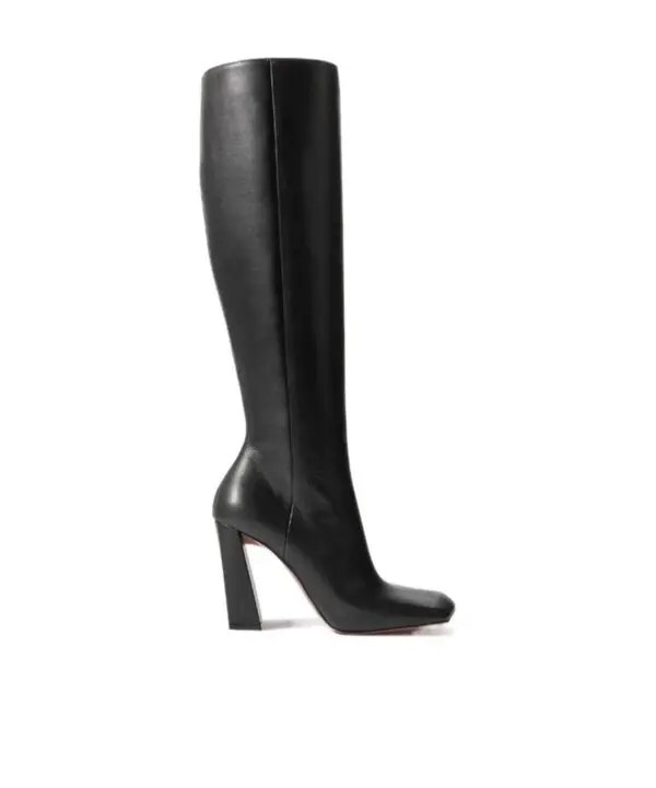 Amina Muaddi Leather Knee High Block Heel Boots