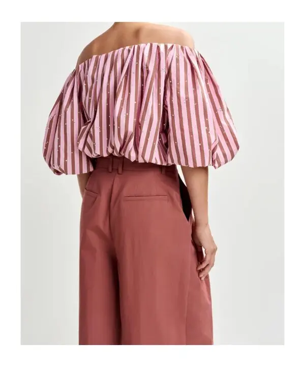 Essentiel Antwerp Striped Embellished Puff Sleeve Blouse