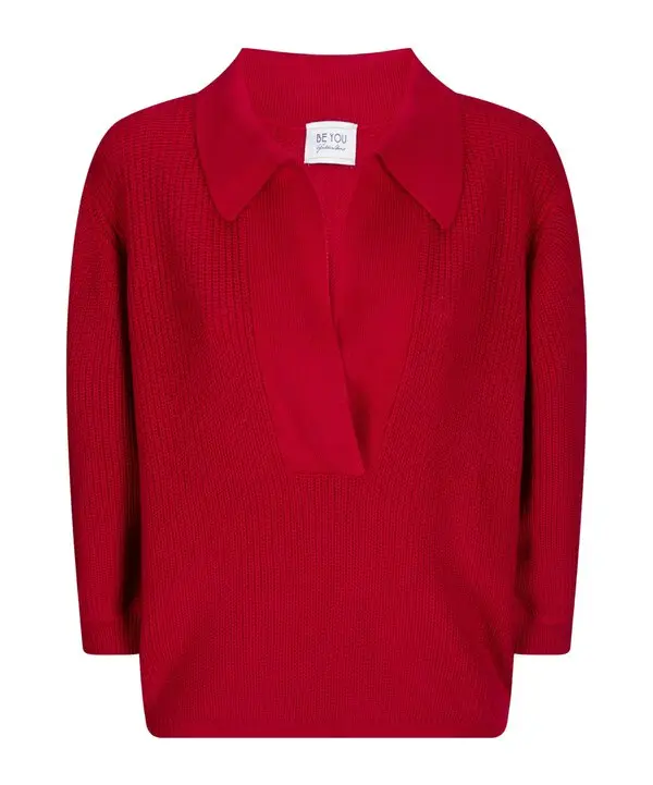 BE YOU Ribbed V-neck Knitted Polo Top