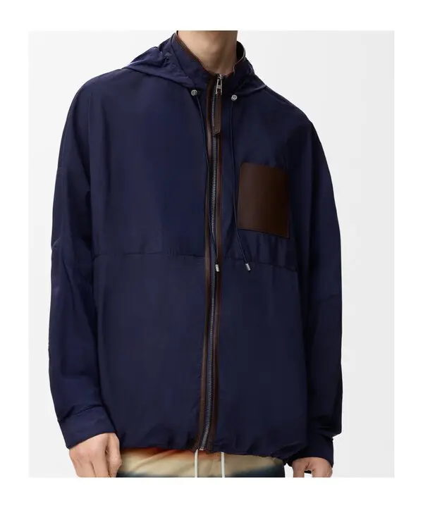 Loewe Ripstop Hooded Jacket With Leather Pocket Detail - Navy Blue/brown