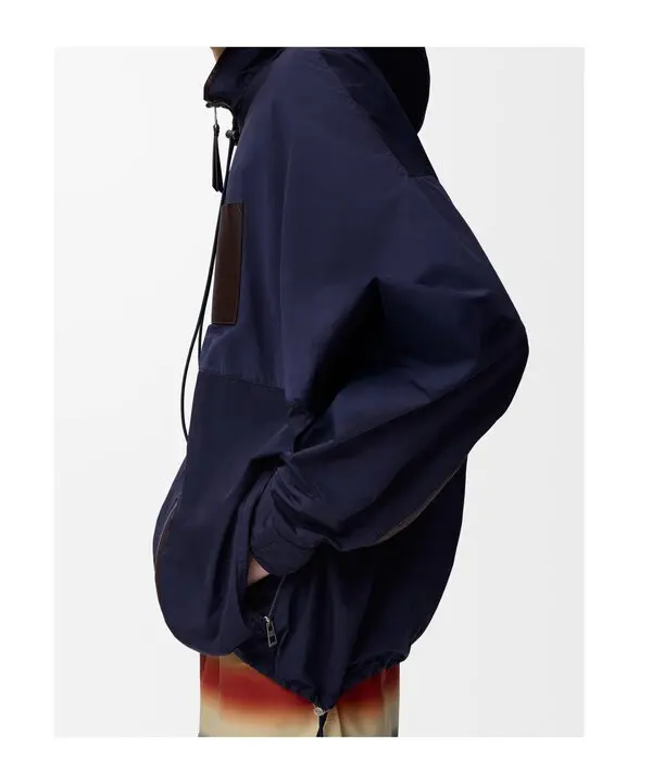 Loewe Ripstop Hooded Jacket With Leather Pocket Detail - Navy Blue/brown