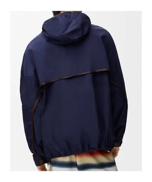 Loewe Ripstop Hooded Jacket With Leather Pocket Detail - Navy Blue/brown