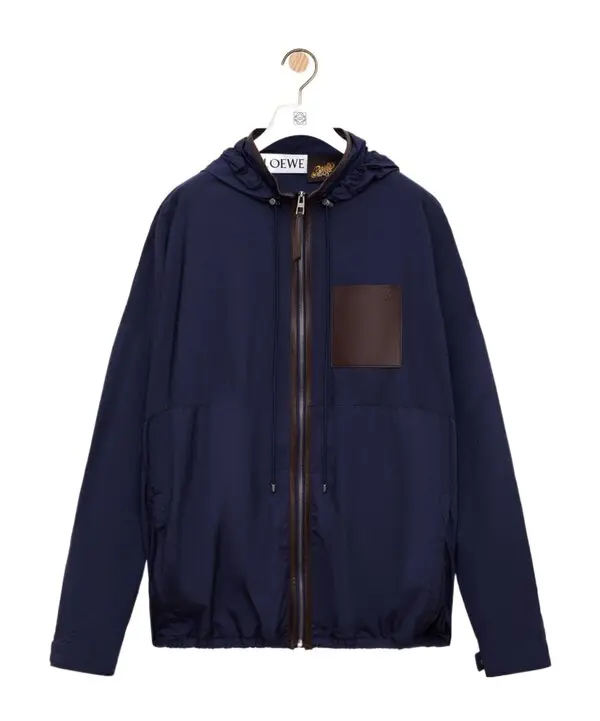 Loewe Ripstop Hooded Jacket With Leather Pocket Detail - Navy Blue/brown