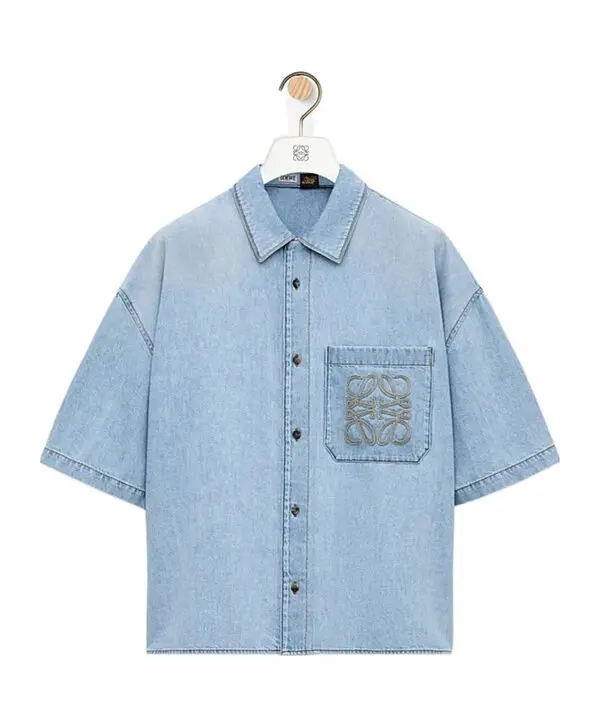 Loewe Anagram-embroidered Short-sleeved Shirt - Washed Blue