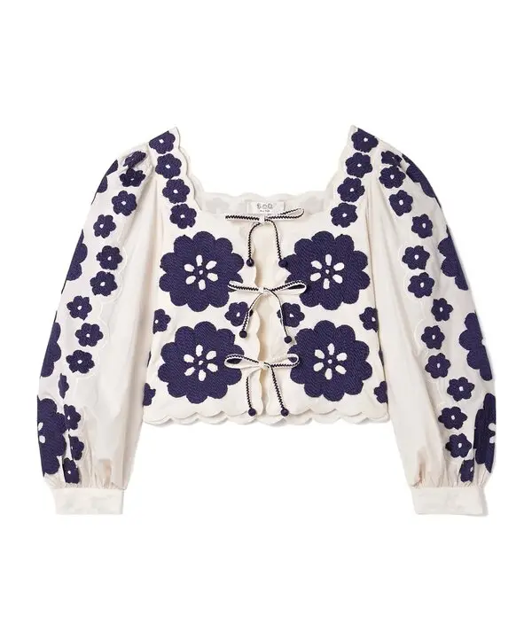 Sea Catrine" Tie-front Scalloped Appliqué Cotton-voile Blouse - White