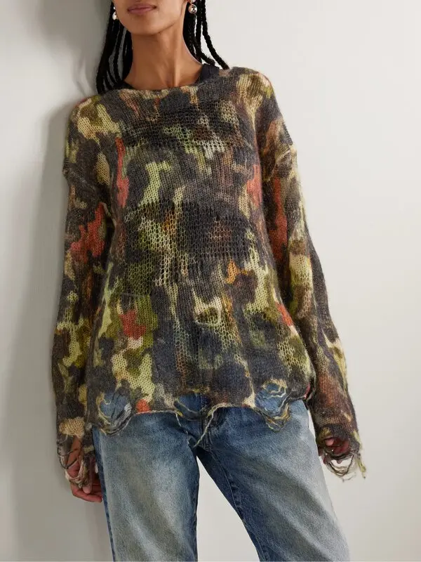 R13 Boyfriend Distressed Camouflage-print Open-knit Sweater