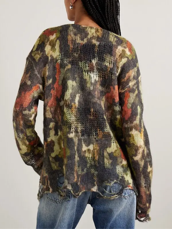 R13 Boyfriend Distressed Camouflage-print Open-knit Sweater