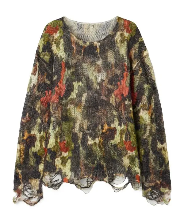 R13 Boyfriend Distressed Camouflage-print Open-knit Sweater