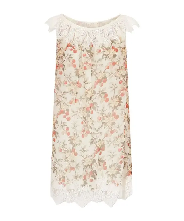DÔEN Floral Silk Chiffon Lace Trim Blouse - Nude