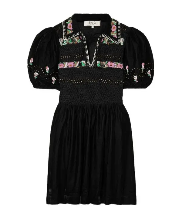 Sea Embellished Mini Dress With Puff Sleeves