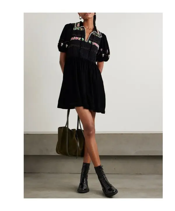 Sea Embellished Mini Dress With Puff Sleeves