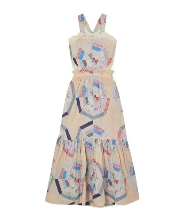 Sea Crochet Trim Patchwork Midi Dress - Multicolor