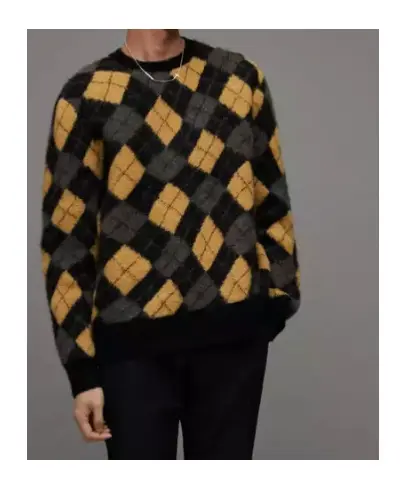 ALLSAINTS Argyle Patterned Long Sleeve Crew Neck Sweater