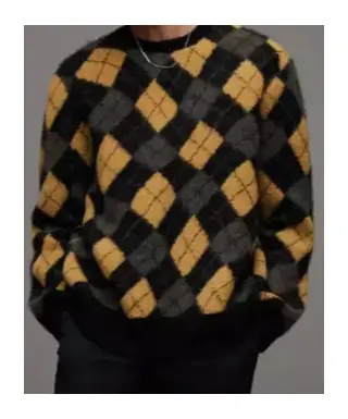 ALLSAINTS Argyle Patterned Long Sleeve Crew Neck Sweater
