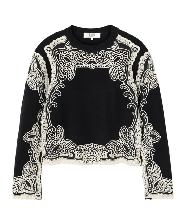 Sea Madeira Embroidery Patchwork Sweater - Black