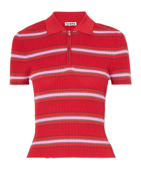 Staud Ren" Striped Ribbed Knit Polo Shirt - Red