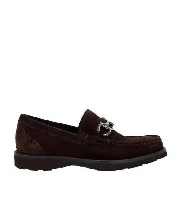 FERRAGAMO Chocolate Suede Loafers With Logo Buckle - Black