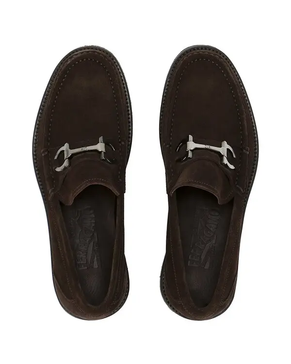 FERRAGAMO Chocolate Suede Loafers With Logo Buckle - Black