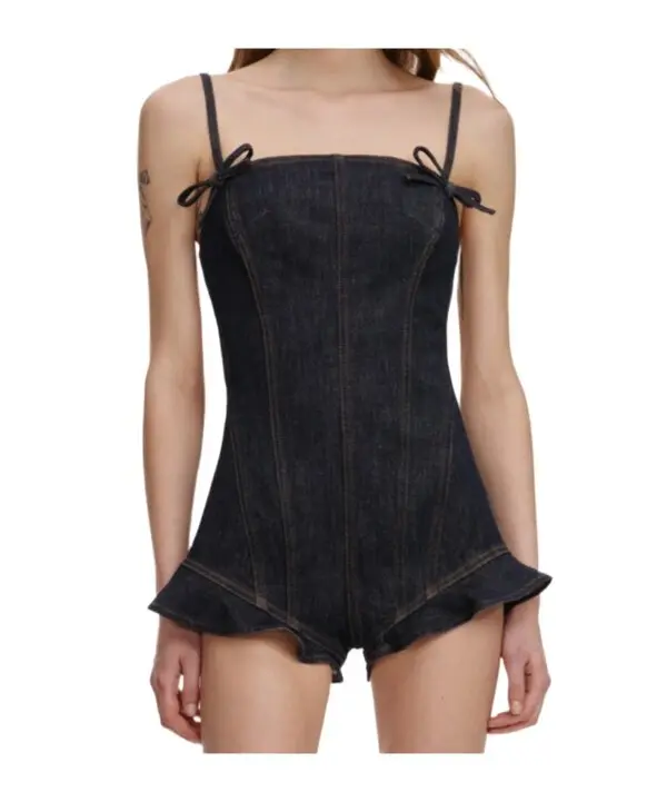 SELF-PORTRAIT Denim Bow Playsuit