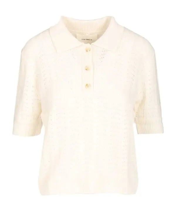 LISA YANG Pointelle Knit Polo Sweater - Beige