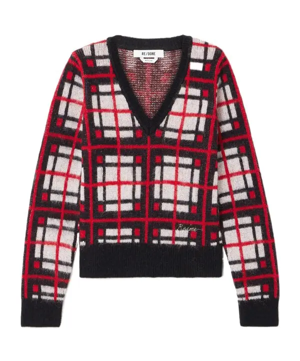 RE/DONE Embroidered Checked Jacquard-knit Sweater