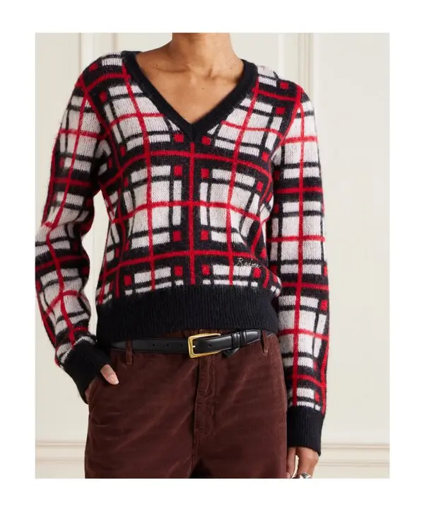 RE/DONE Embroidered Checked Jacquard-knit Sweater