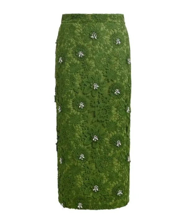 Essentiel Antwerp Floral Lace Pencil Skirt With Rhinestone Embellishments - Green