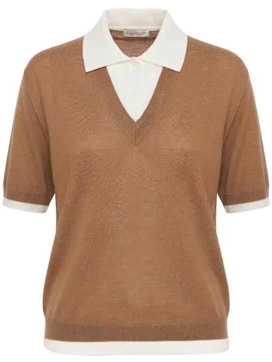 Moncler Layered Virgin Wool Blend Polo Shirt - Brown