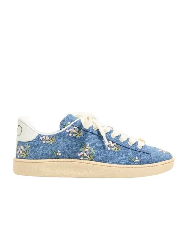 Valentino Garavani Royco Embroidered Denim Lace-up Sneakers - Blue