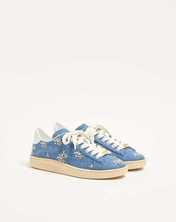 Valentino Garavani Royco Embroidered Denim Lace-up Sneakers - Blue