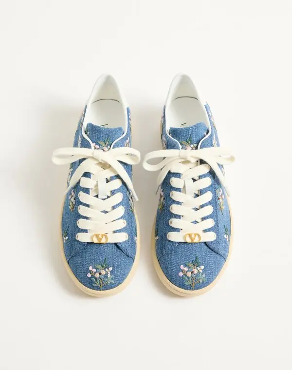 Valentino Garavani Royco Embroidered Denim Lace-up Sneakers - Blue