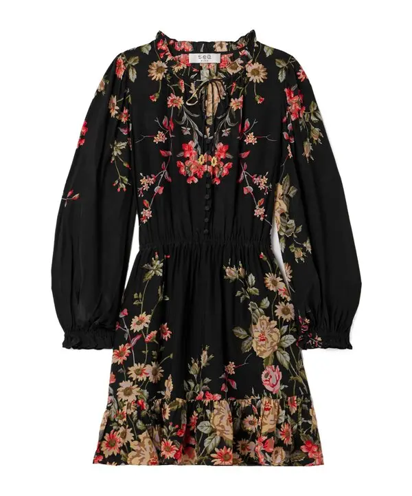 Sea Jolie Ruffled Floral-print Crepe De Chine Mini Dress - Black