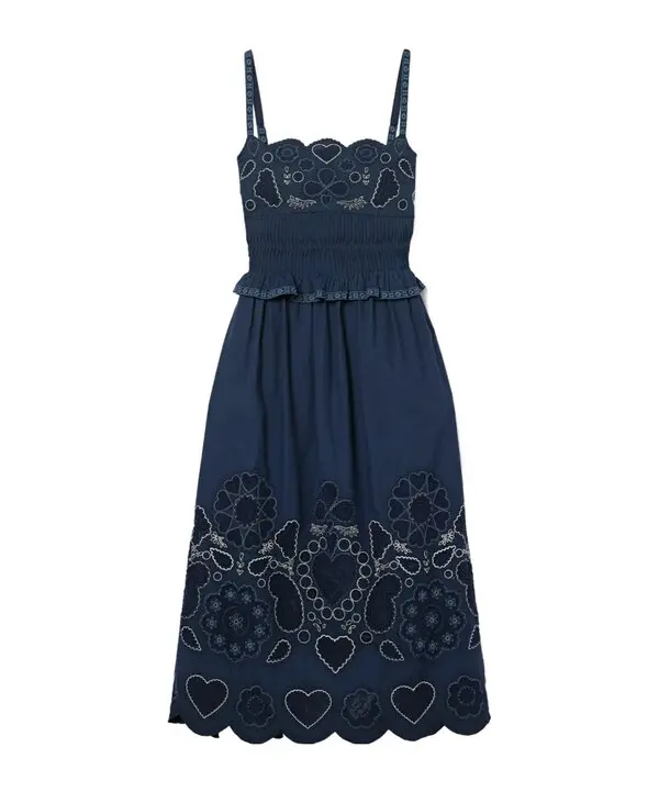Sea Embroidered Mid-length Dress - Black