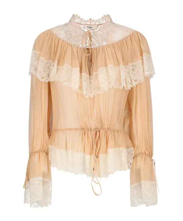 Chloé Lace Ruffled Tie Neck Top - Nude
