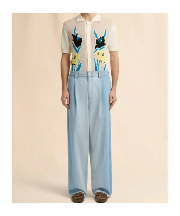 Marni High-waisted Wide-leg Chambray Trousers With Foulard Detail