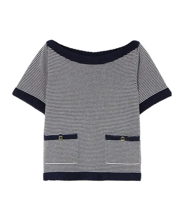 FRAME Striped Boat Neck Short Sleeve Sweater With Pockets