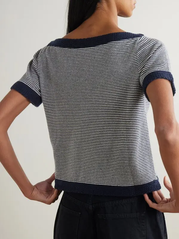 FRAME Striped Boat Neck Short Sleeve Sweater With Pockets