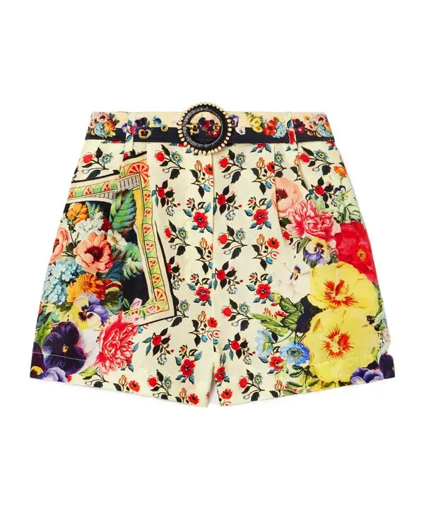 Camilla Belted Printed Linen And Silk-blend Shorts - Nude