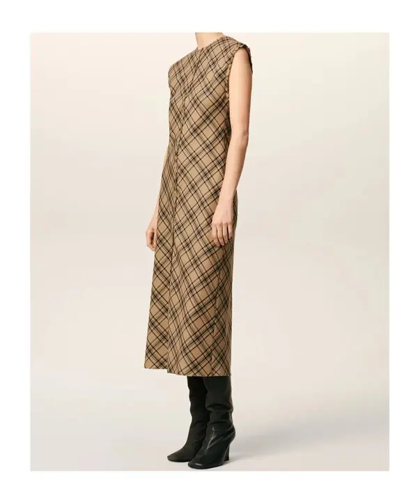 AMI Paris Checked Wool Long Dress - Camel/black