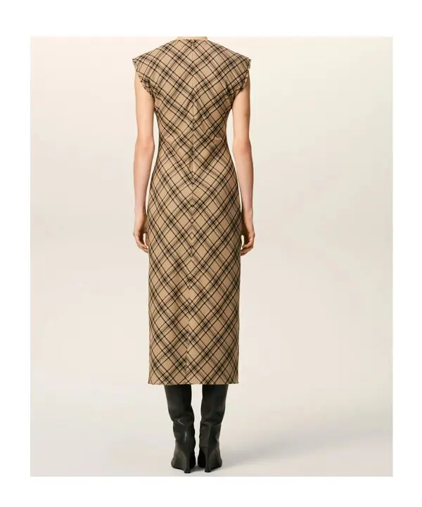 AMI Paris Checked Wool Long Dress - Camel/black