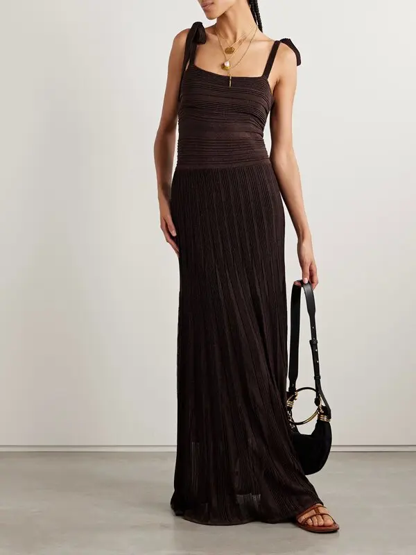 Zimmermann Plissé Maxi Dress With Metallic Threads - Chocolate-colored