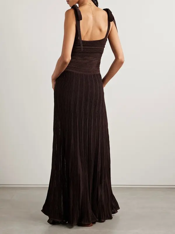 Zimmermann Plissé Maxi Dress With Metallic Threads - Chocolate-colored